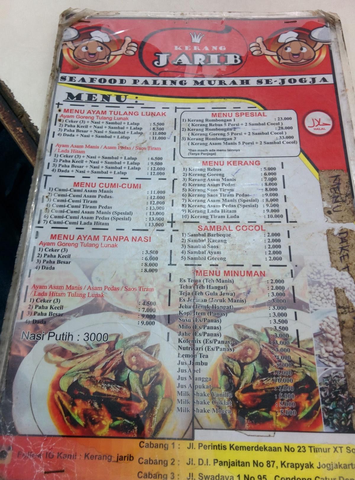 Carta del restaurante Kerang Jarib dan Ayam Tulang Lunak, Yogyakarta