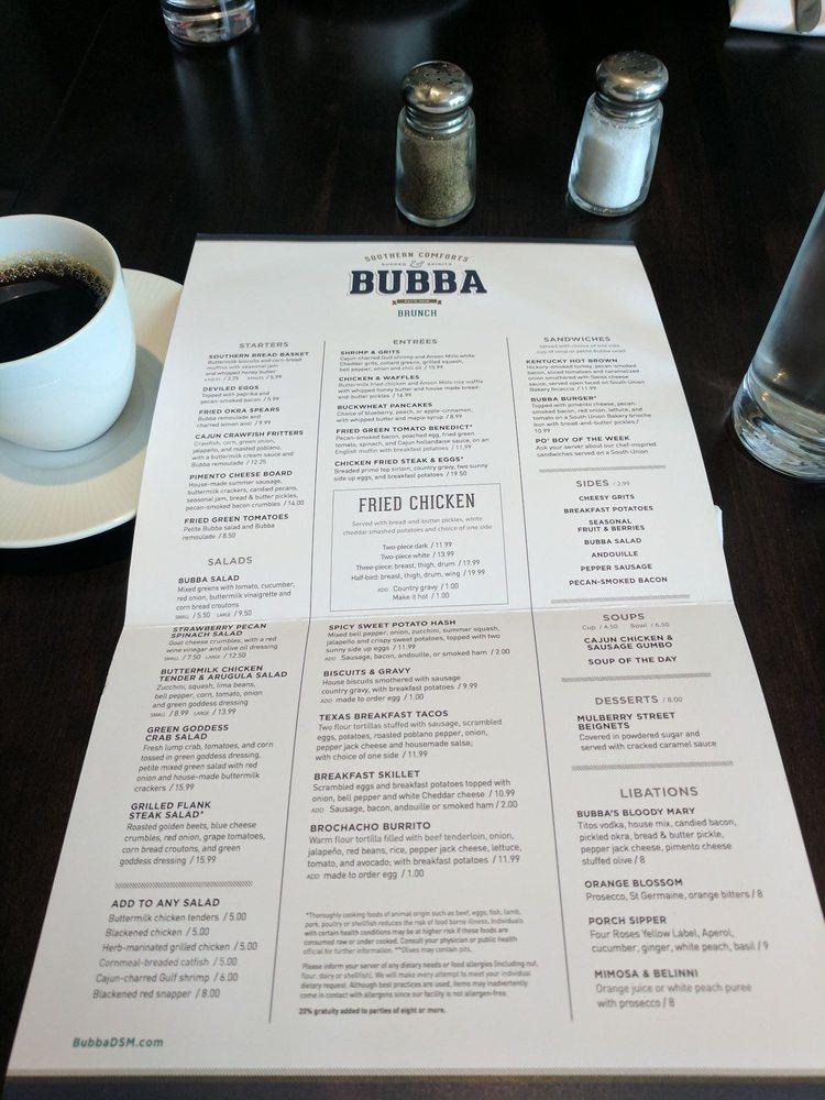Menu at Bubba restaurant, Des Moines