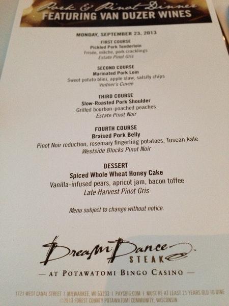 Menu at Dream Dance Steakhouse, Milwaukee