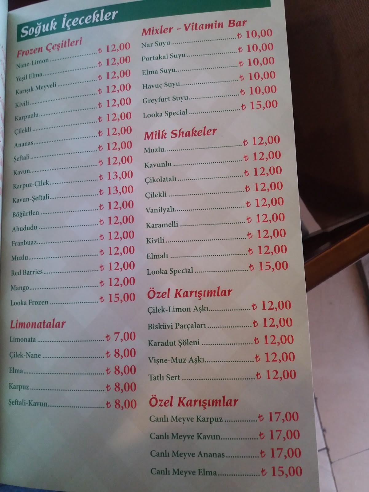 Menu at Looka Cafe Nargile, Istanbul