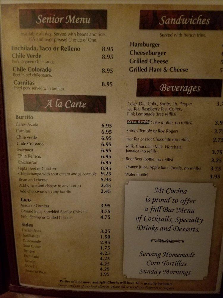 Menu at Mi Cocina Restaurant, Highland, Highland Ave Suite A