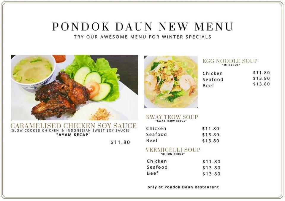 Menu at Pondok Daun Restaurant, Adelaide
