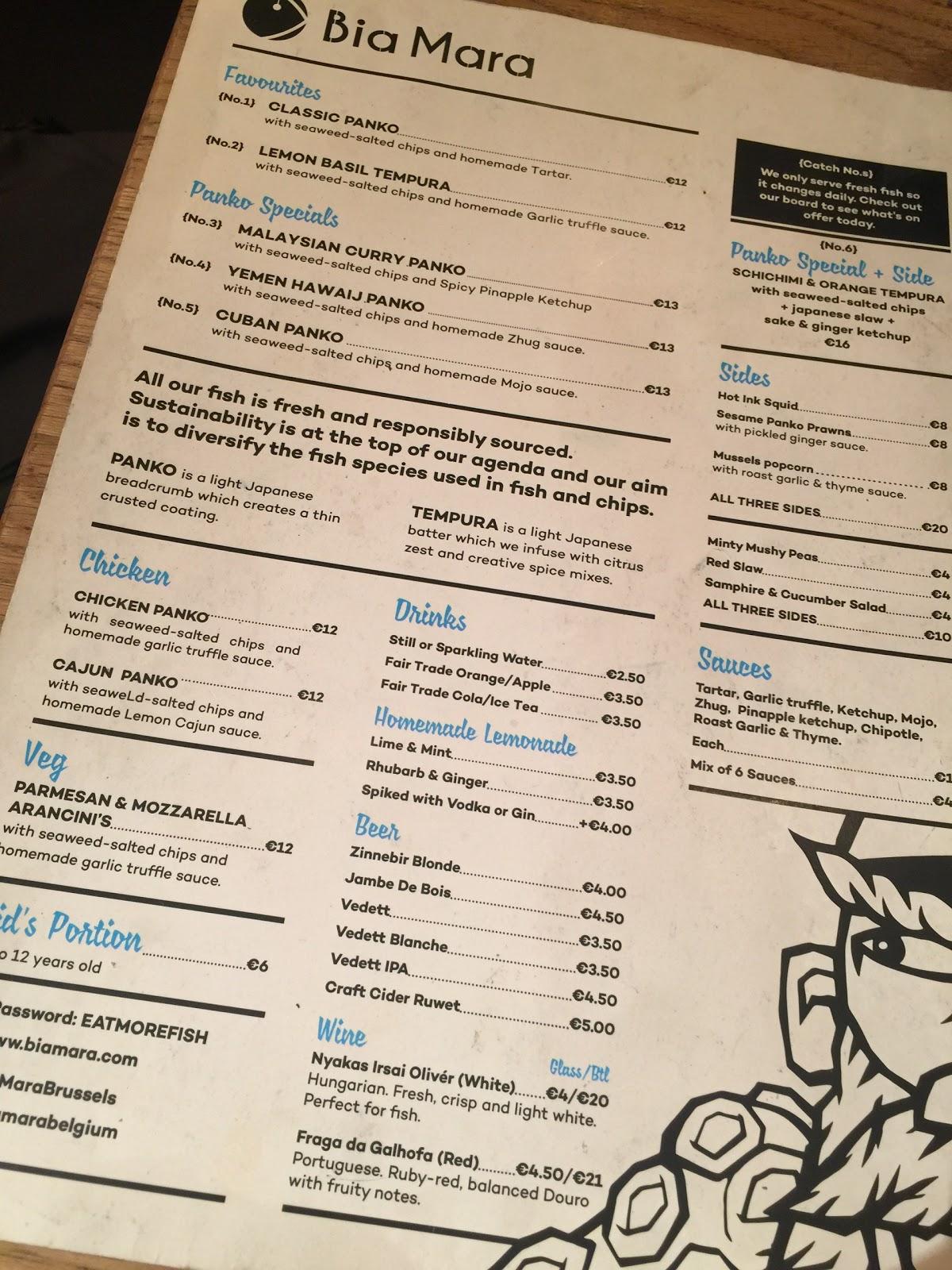 Menu at Bia Mara, Brussels, Rue du Marché aux Poulets 41