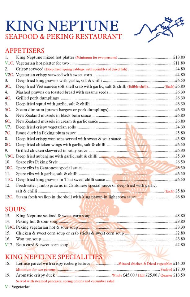 Menu at King Neptune restaurant, Newcastle upon Tyne, Parkside