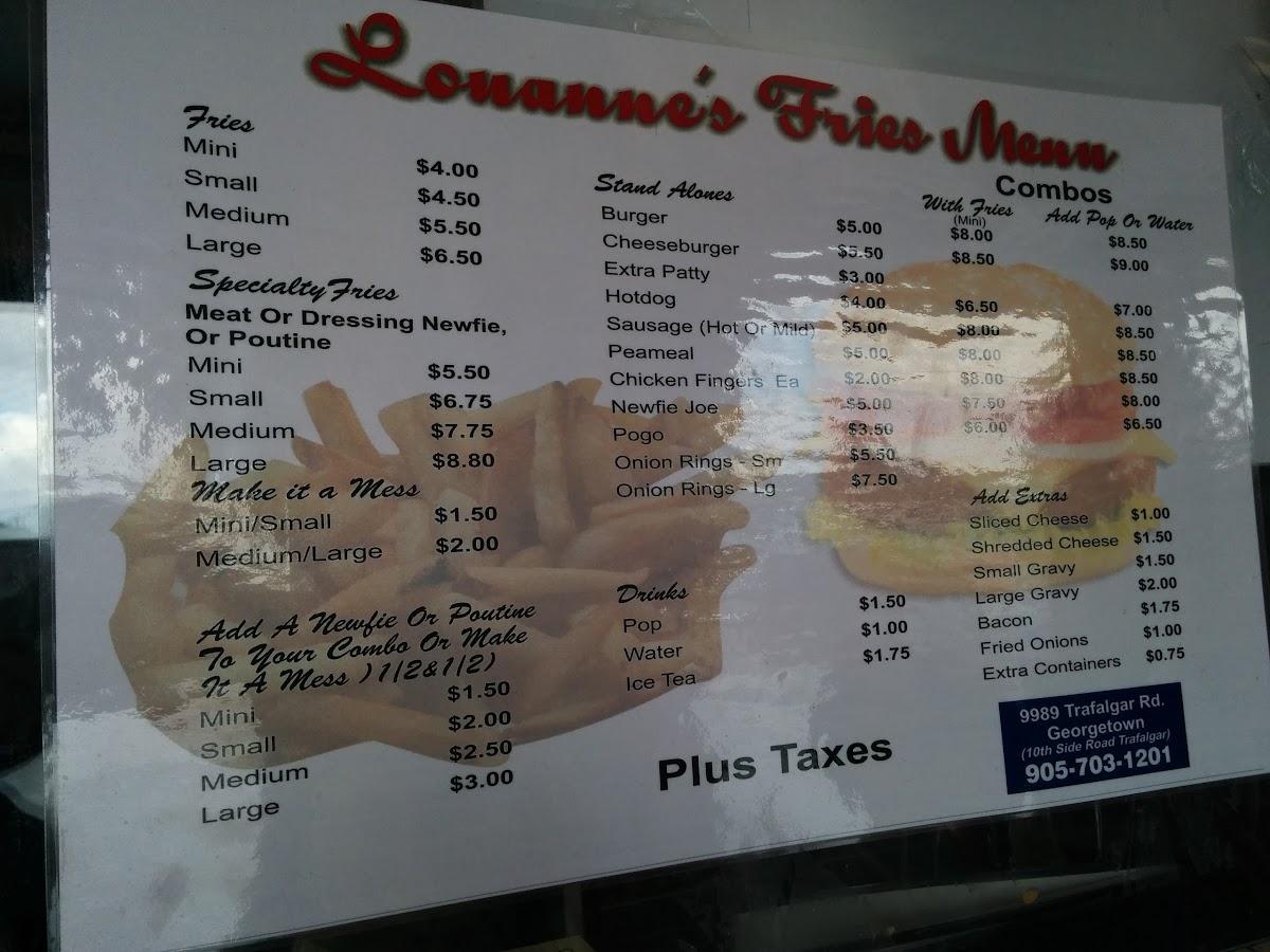 Menu at Louanne's Fries restaurant, Halton Hills