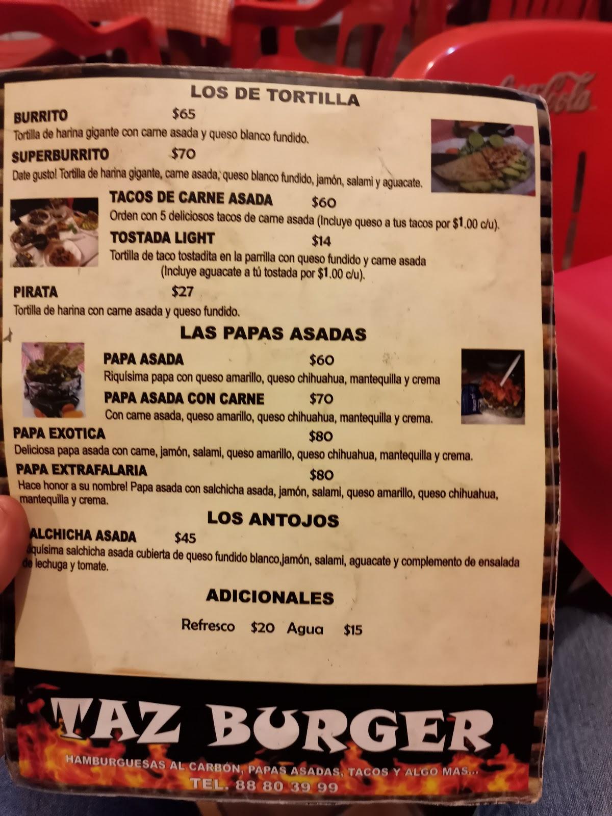 Menu at Taz Burger restaurant, Monterrey, 290 L 1