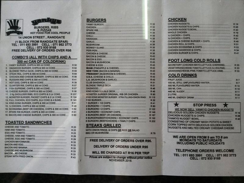 Menu at Yankys Burgers & Pizzas Randgate restaurant, Randfontein