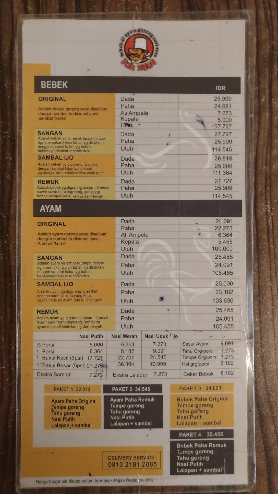 Menu at Bebek Goreng Pak Ndut restaurant, Bandung