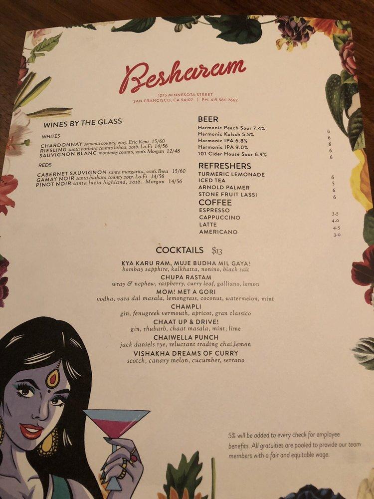 Menu at Besharam restaurant, San Francisco