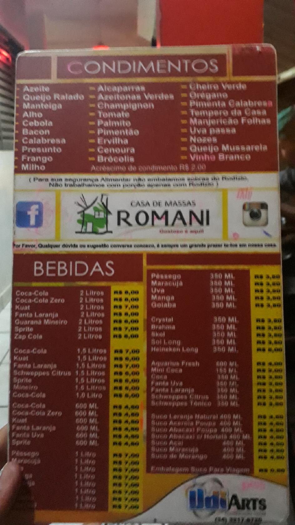 Menu em Casa de Massas Romani restaurante, Uberlândia, R. da Secretária