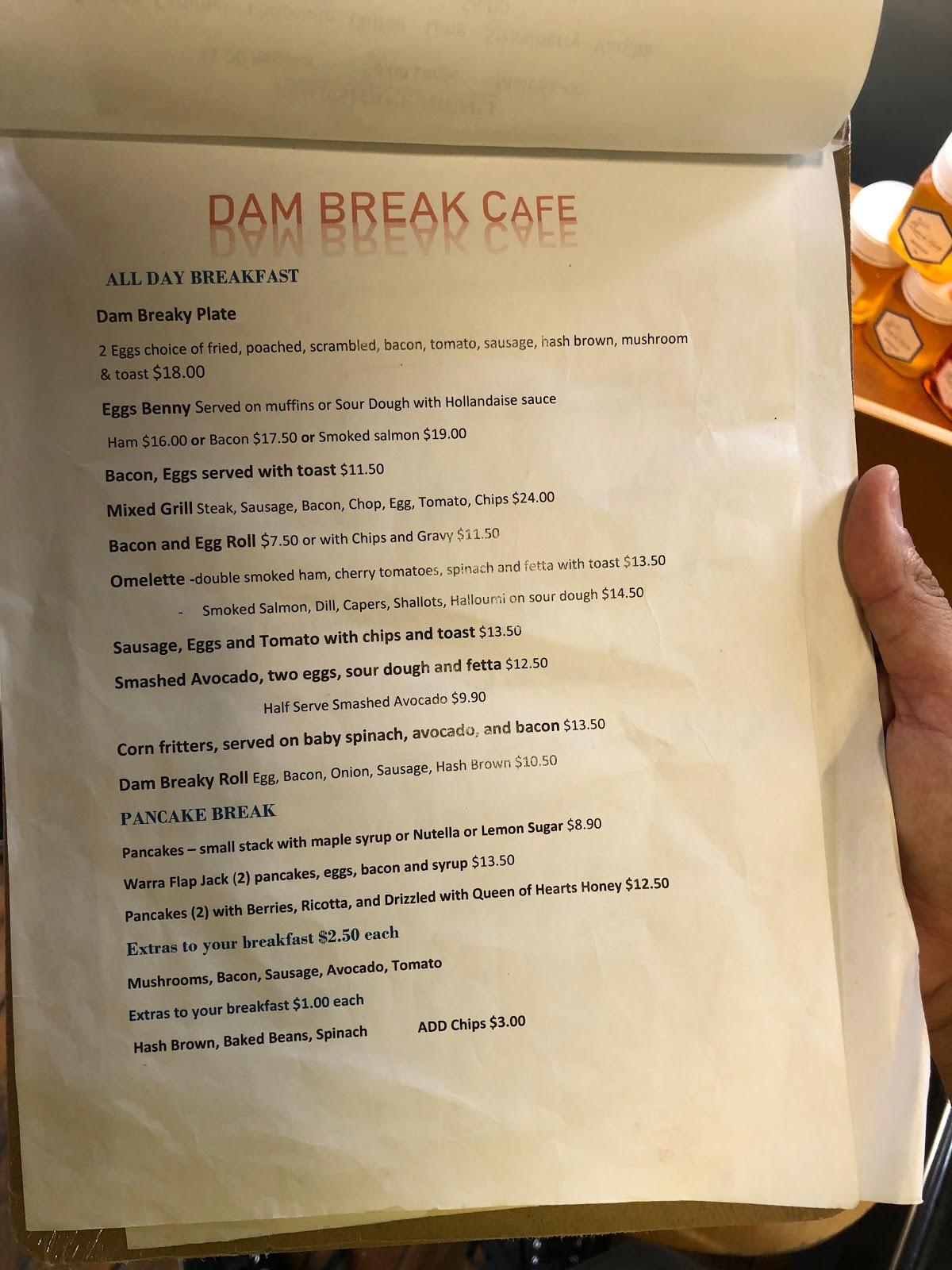 Menu at Dam Break Cafe, Warragamba