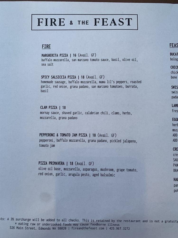 Menu at Fire & the Feast restaurant, Edmonds
