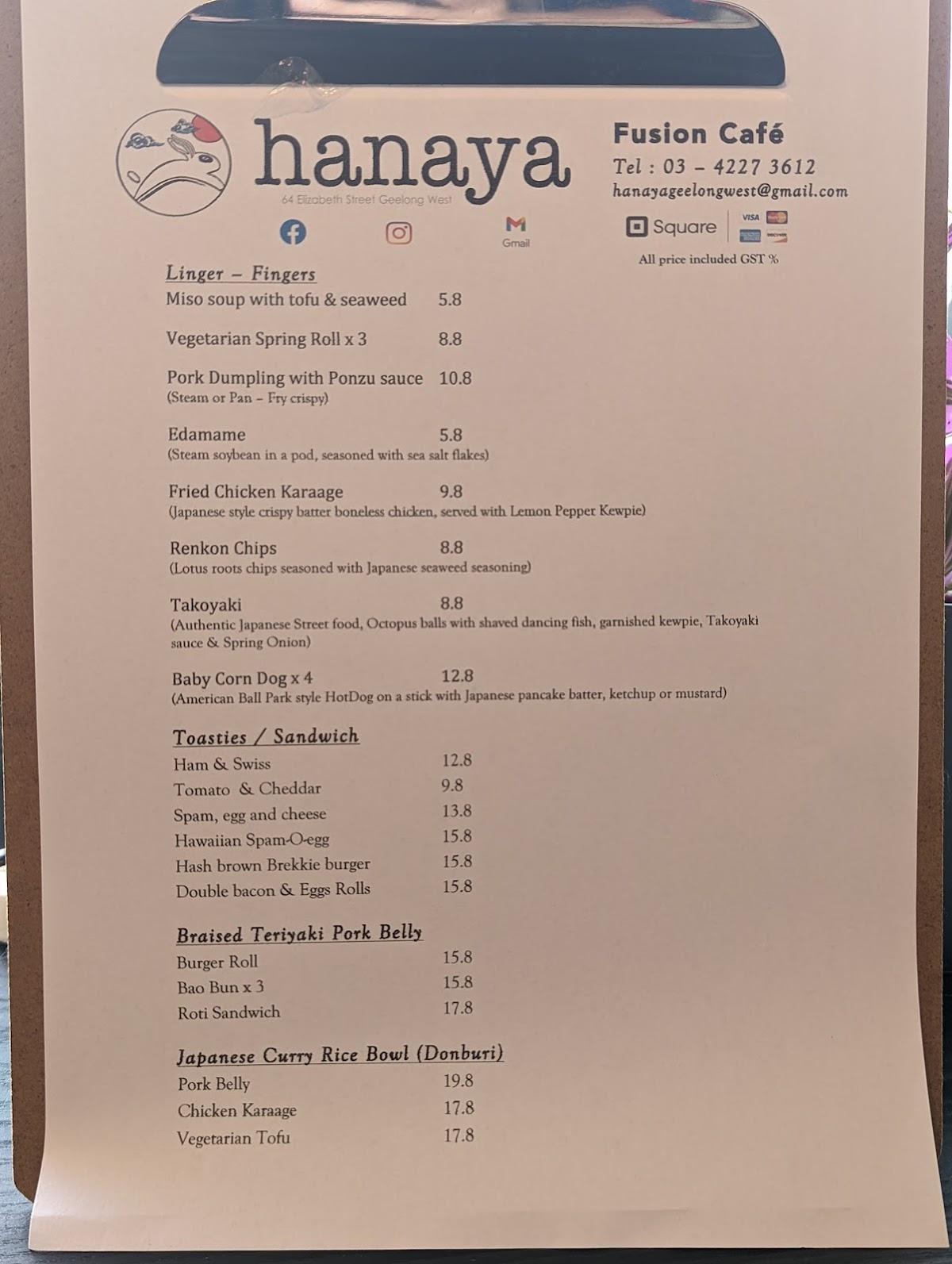 Menu at Hanaya Fusion Cafe, Geelong West