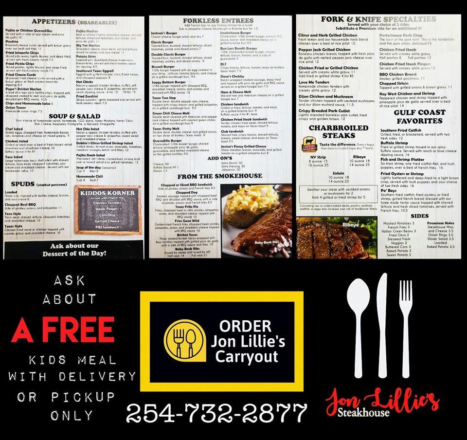 Menu at Papa Bear's steakhouse, Waco