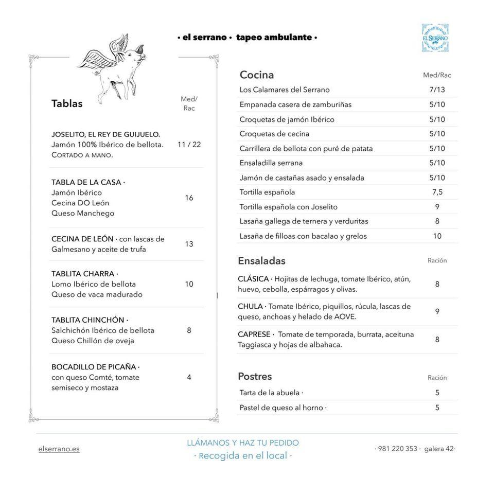 Menu at Mesón El Serrano restaurant, A Coruña