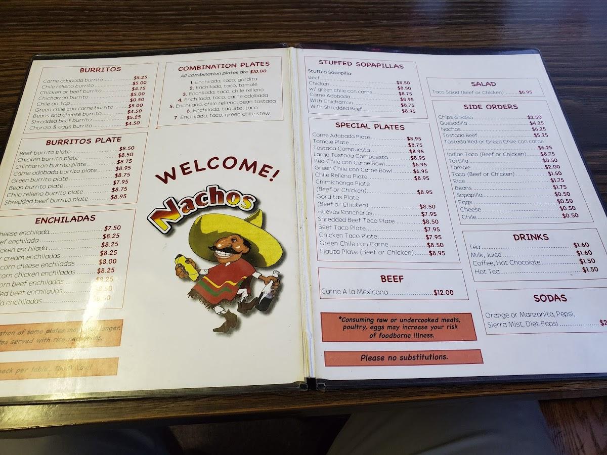 Menu at Nachos Restaurant, Moriarty, 904 U.S. Rt. 66