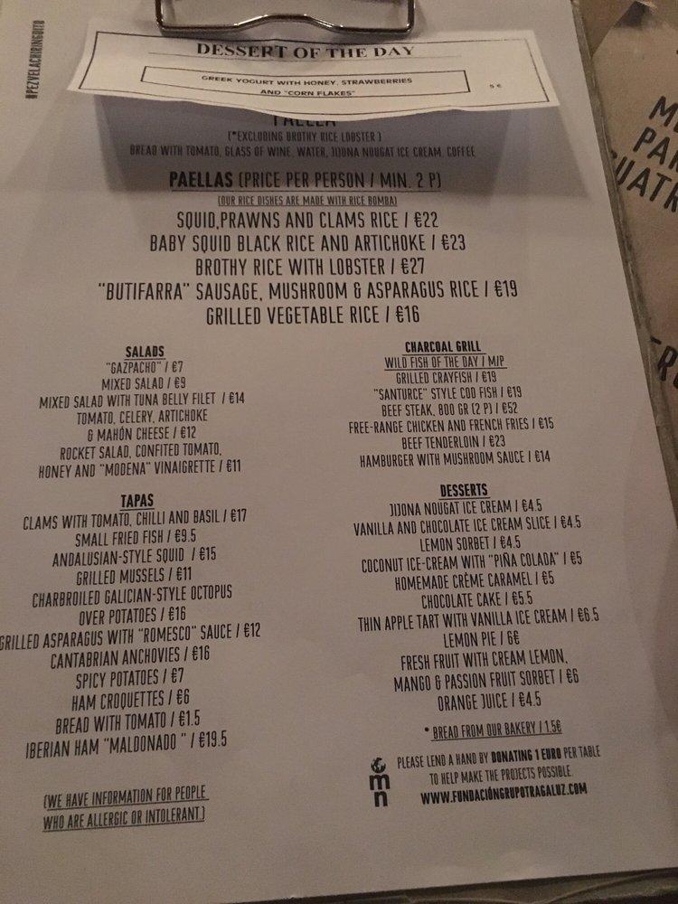 Menu at Peix Vela restaurant, Barcelona