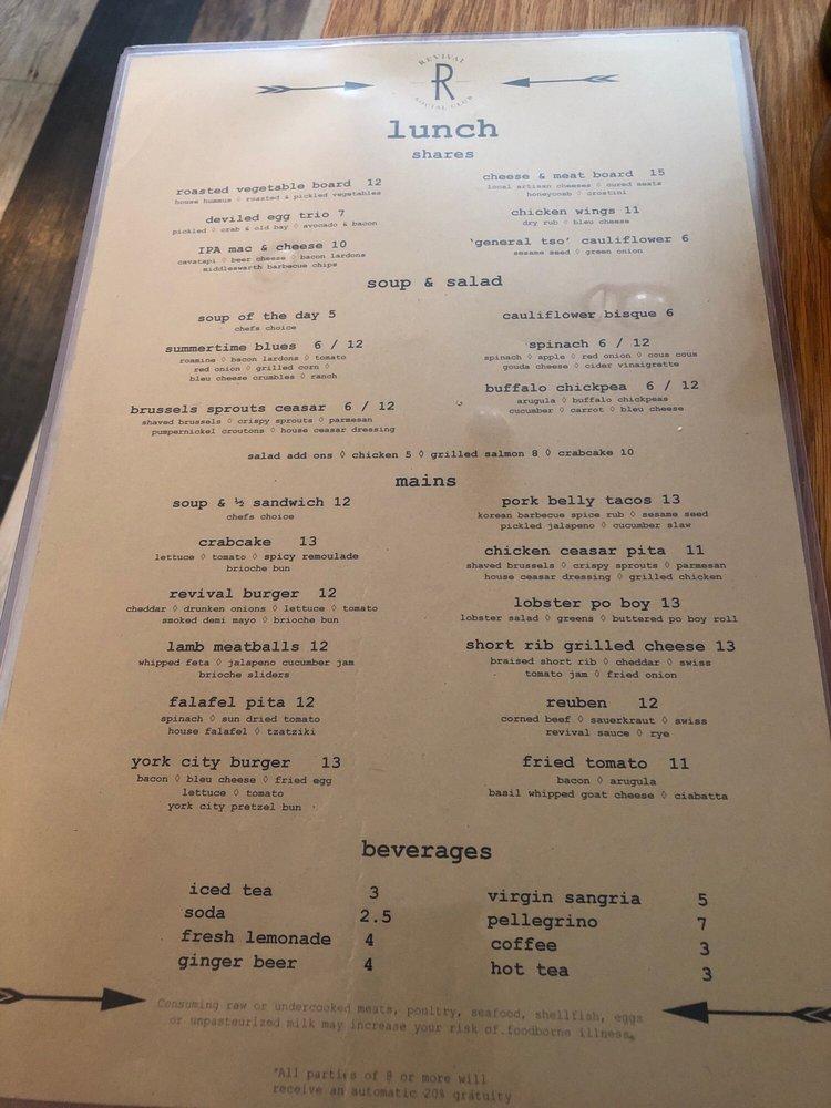 Menu at Revival Social Club, York, 19 N George St