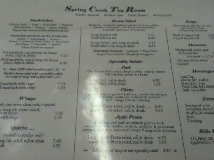 Menu at Spring Creek Tea Room restaurant, Ozark