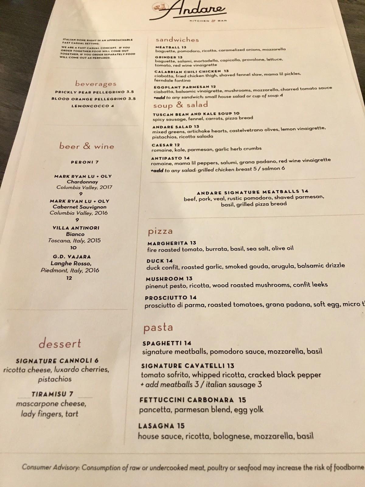 Menu at Andare Kitchen & Bar, Seattle