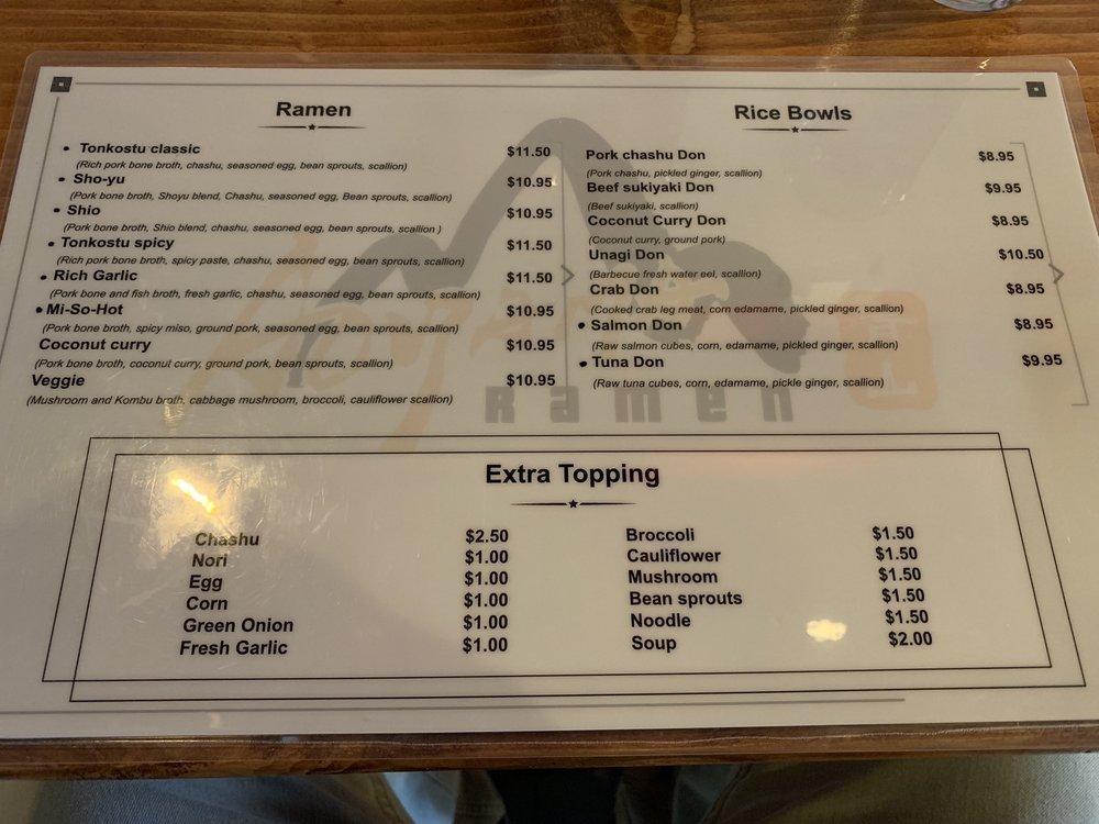 Menu at Aoyama Ramen restaurant, Olathe