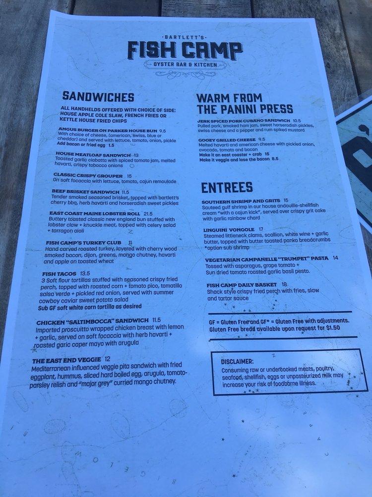 Menu at Bartlett's Fish Camp, Michigan City