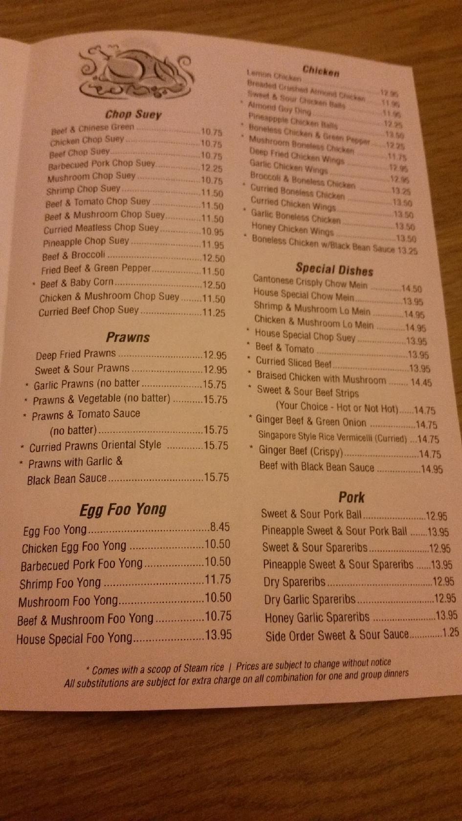 Menu at Sam's Restaurant, Williams Lake