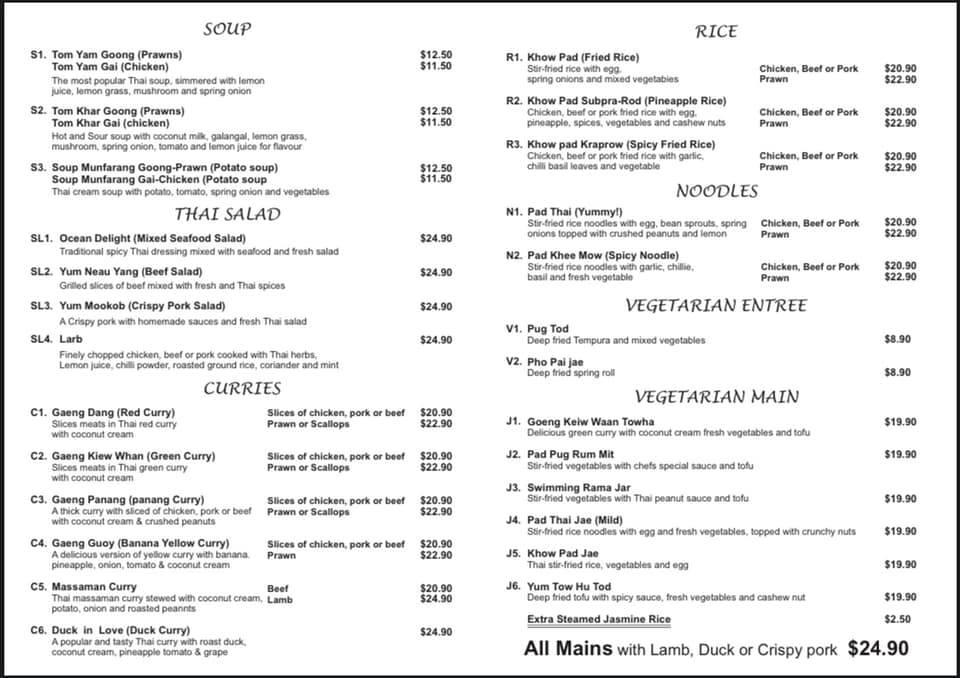 Menu at The House of Chang Thai restaurant, Whitianga