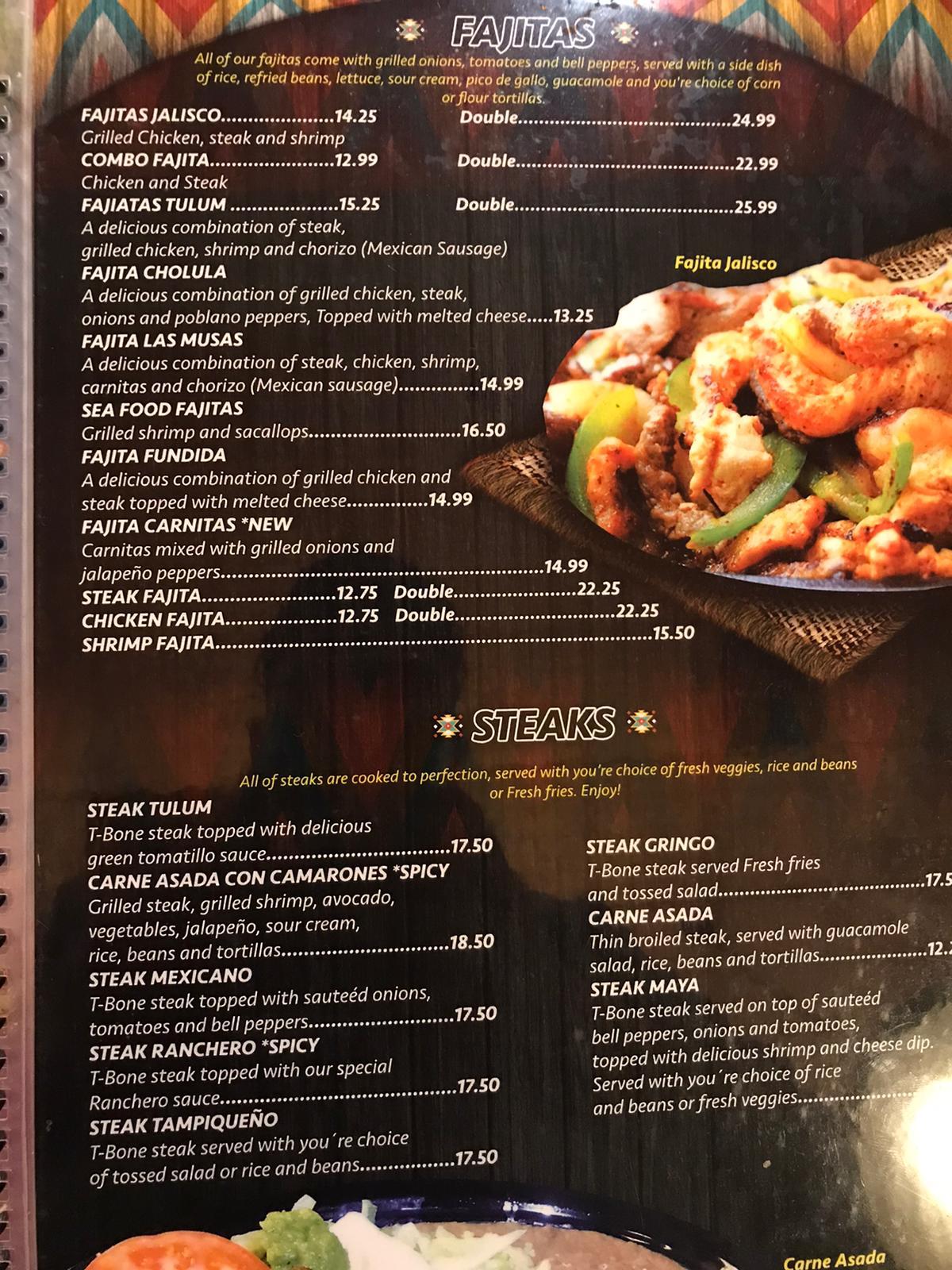 Menu at Tulum restaurant, Plover