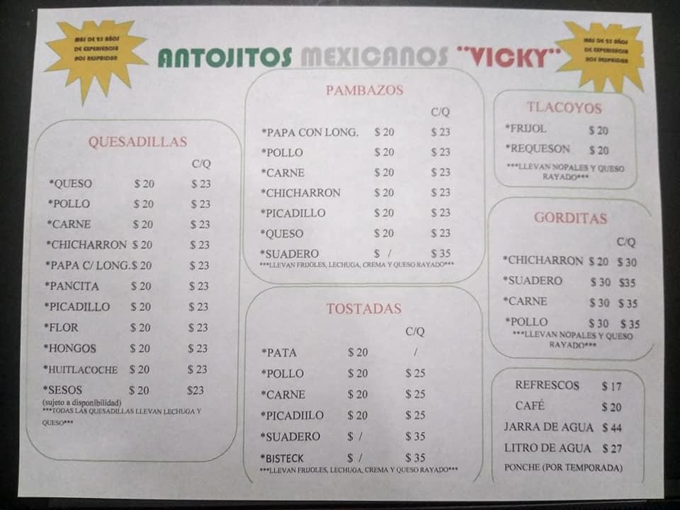 Menu at Antojitos Mexicanos Vicky restaurant, Mexico City