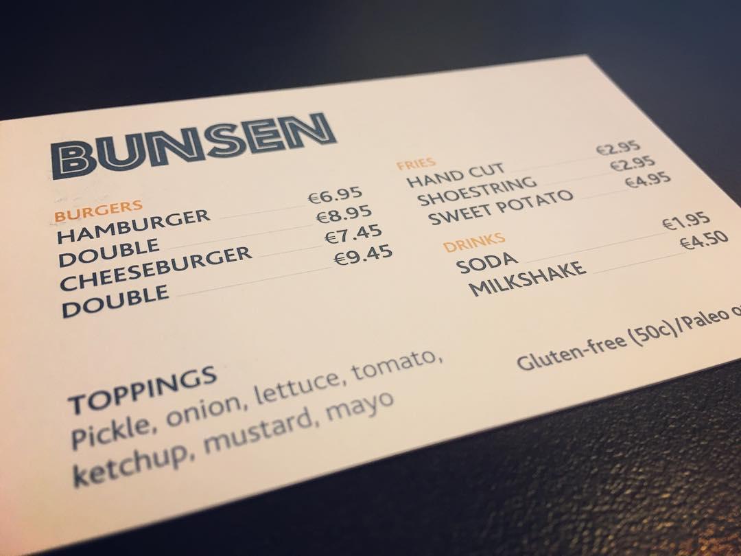 Menu at Bunsen restaurant, Dublin, 36 Wexford St