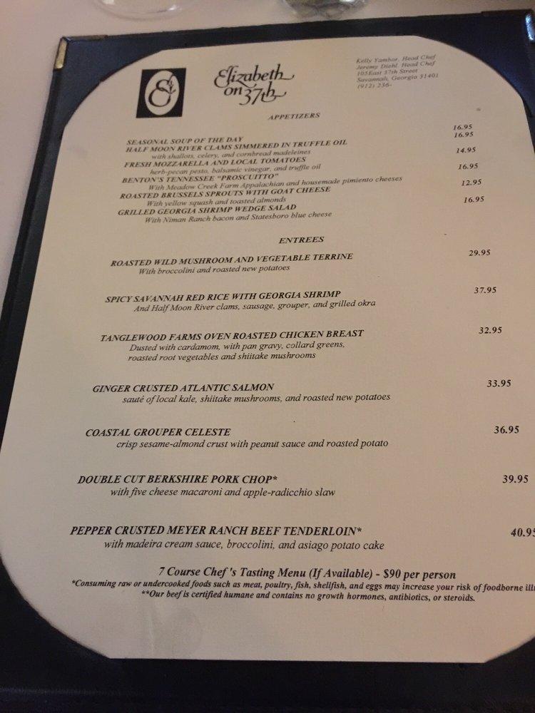 Menu at Elizabeth's on 37th restaurant, Savannah