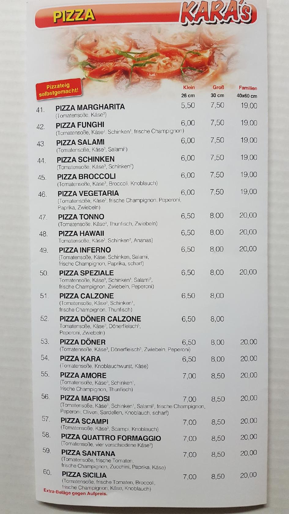 Speisekarte von Kara's Pizzaservice, Redwitz an der Rodach