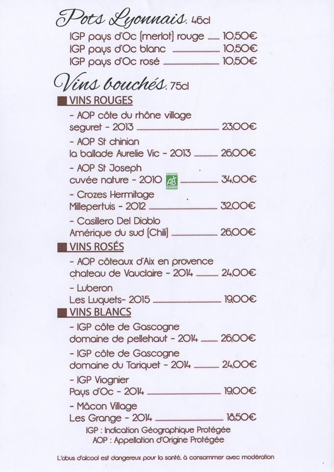 Menu at La mansarde restaurant, Villeurbanne