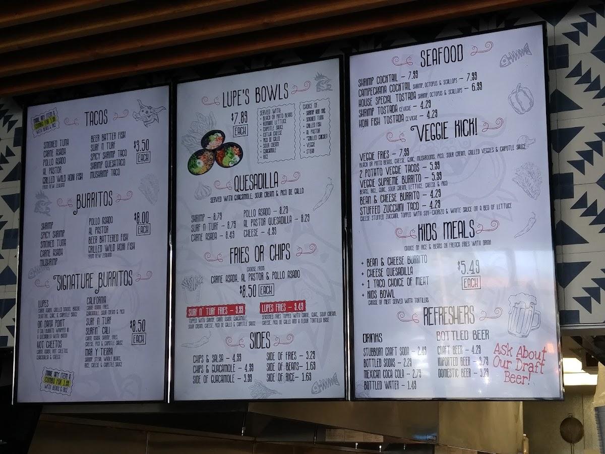 Menu at Lupe’s restaurant, Dana Point, Del Obispo St Suite F