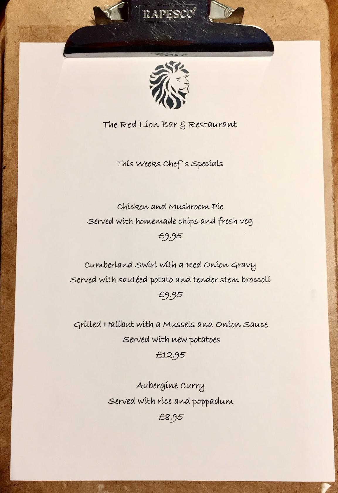 Menu at The Red Lion pub & bar, Matlock