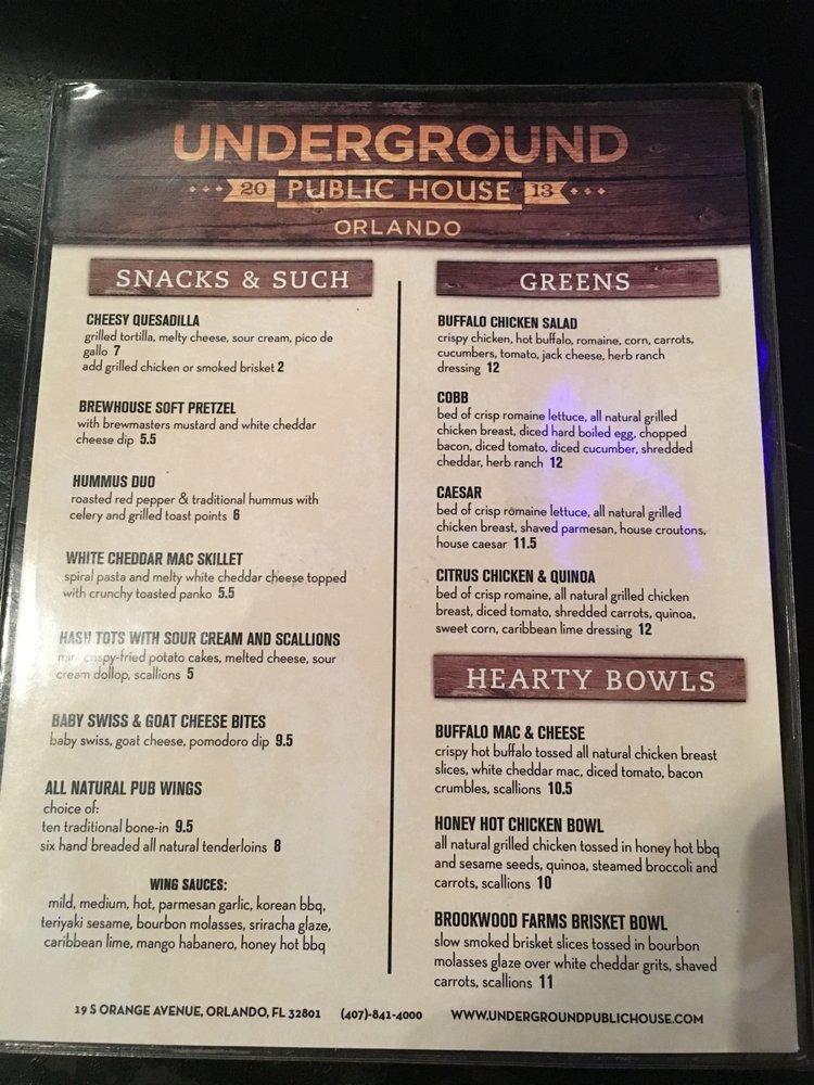 Menu at Underground Public House, Orlando