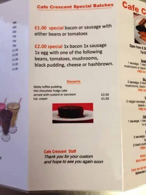 Menu at cafe crescent, Coventry