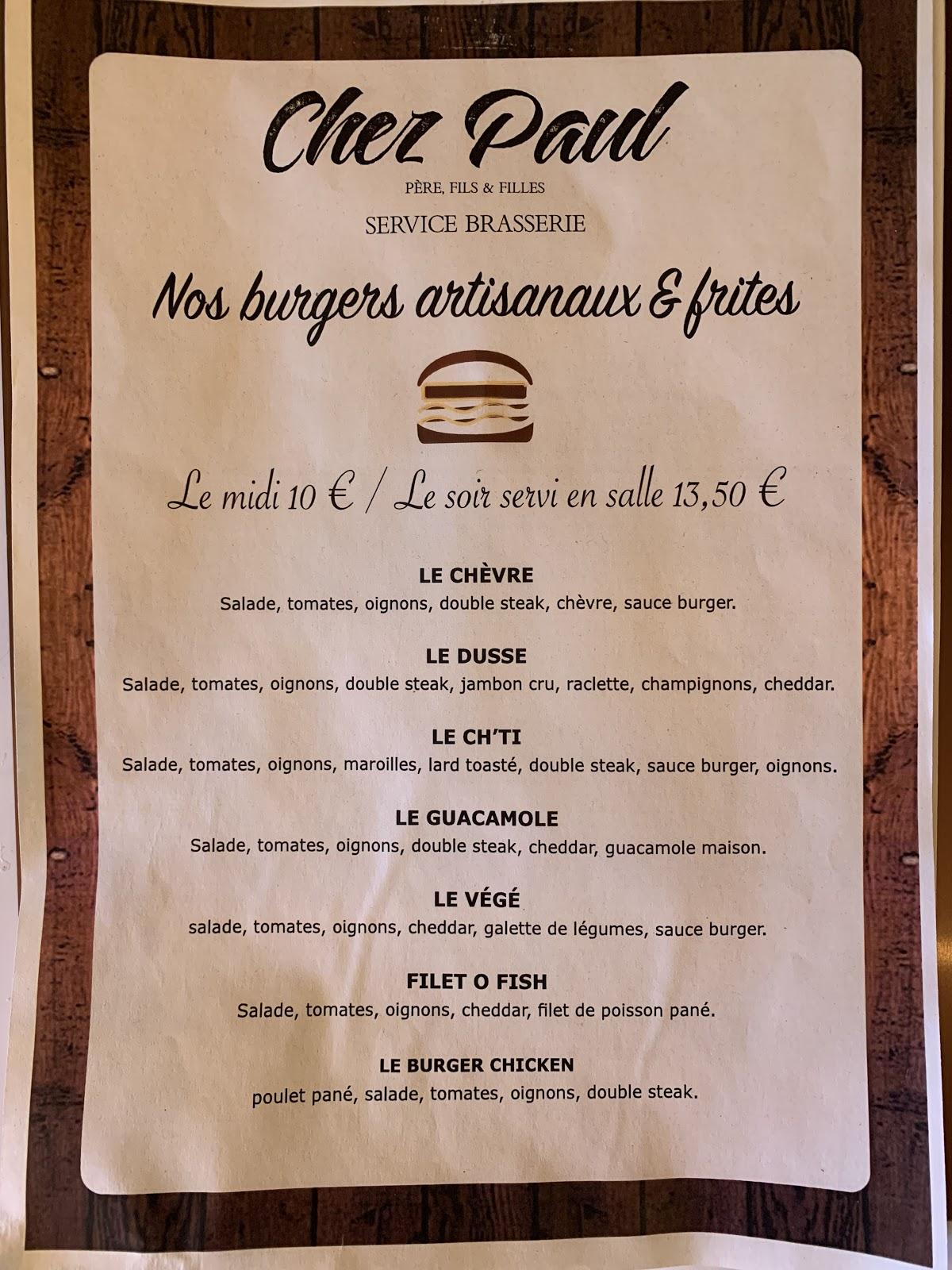 Menu at Chez Paul restaurant, Isola