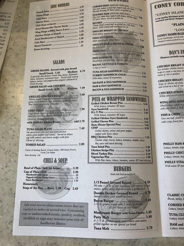 Menu at Dan's Diner restaurant, Warren