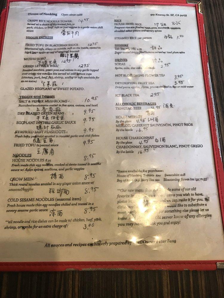 Menu at House of Nanking restaurant, San Francisco