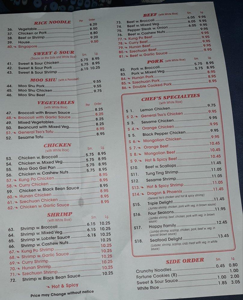 Menu at Sunny China restaurant, Hilton Head Island