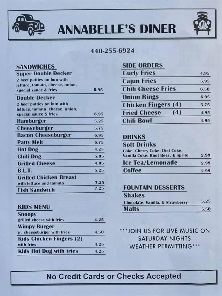 Menu at Annabelle's Diner restaurant, Mentor