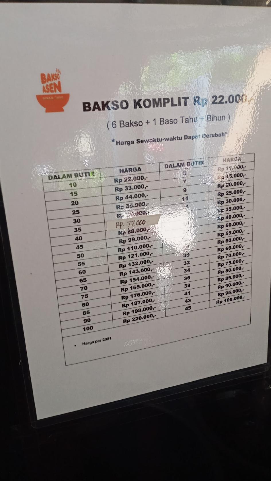 Menu at Baso Asen restaurant, Bekasi Regency, Jl. Patal Bekasi No.32