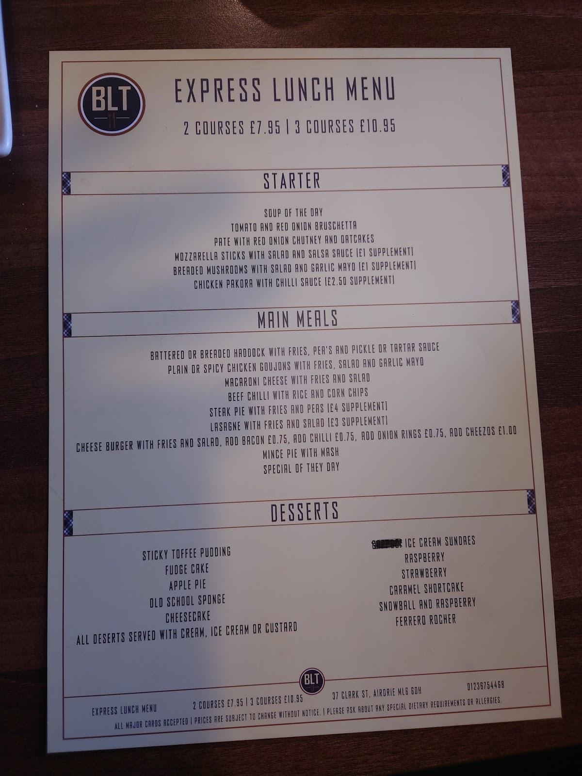 Menu at BLT restaurant, Airdrie