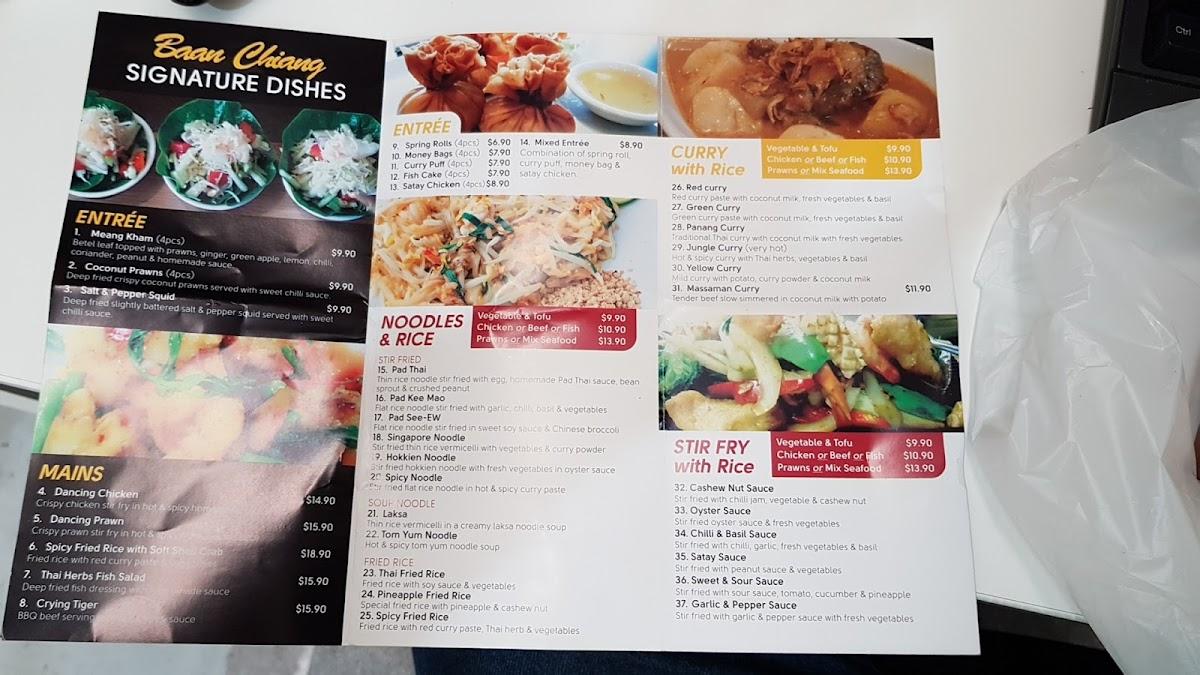 Menu at Baan Chiang restaurant, Rydalmere