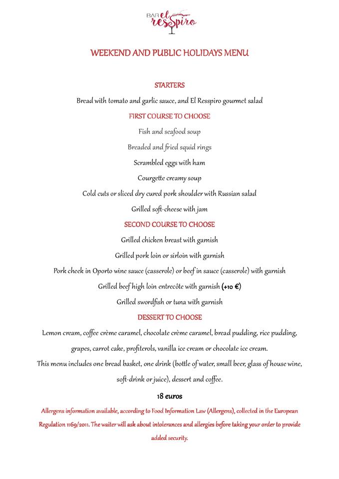 Menu at El Resspiro pub & bar, Rojales