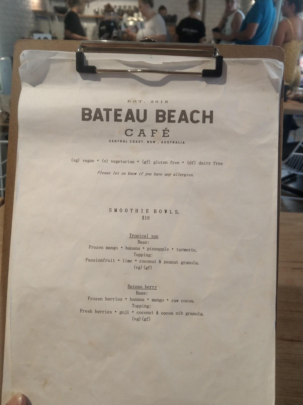 Menu at Bateau Beach Cafe, Bateau Bay