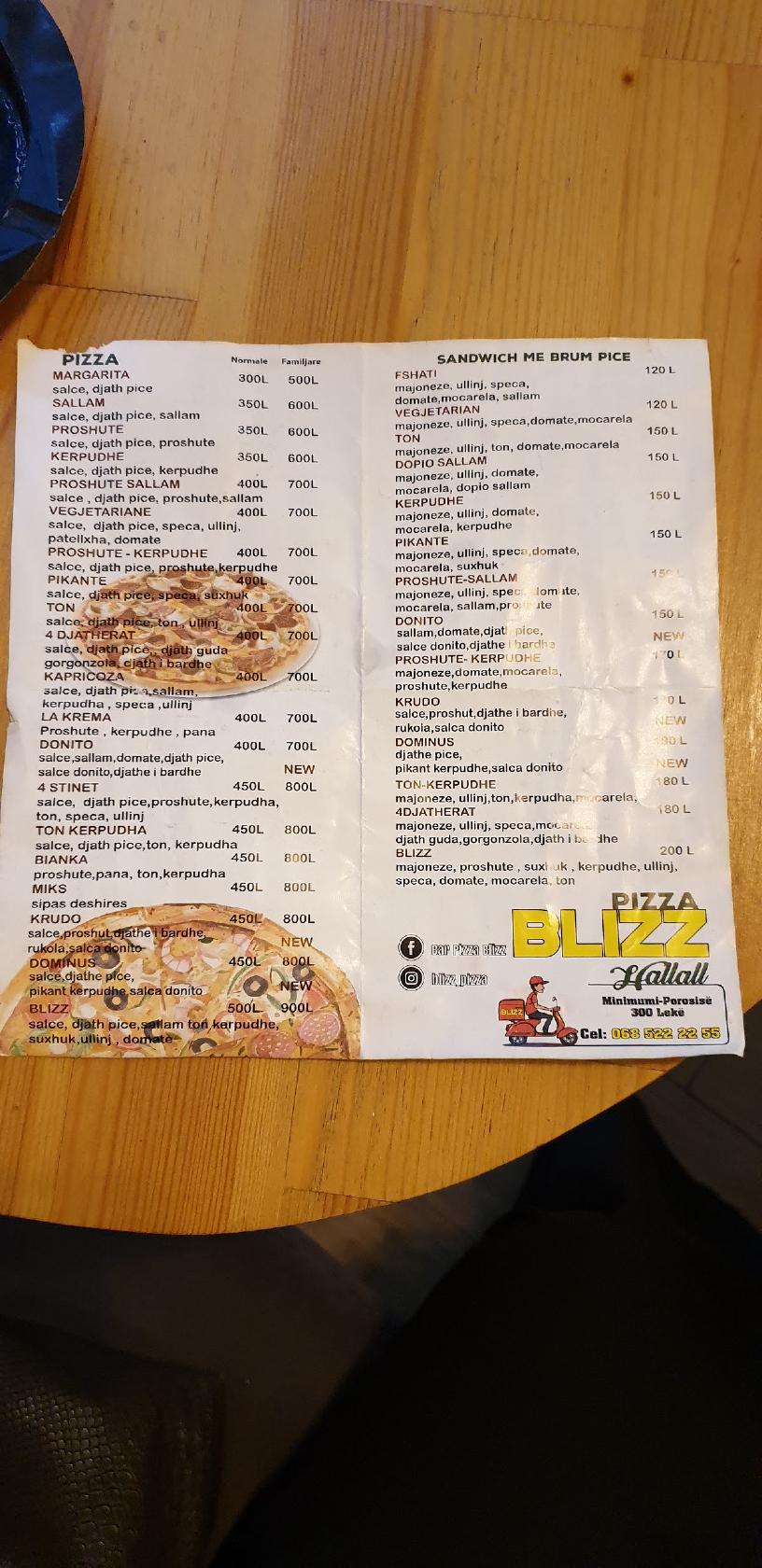 Menu at Blizz Pizza restaurant, Tirana