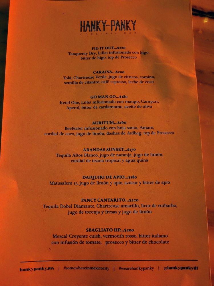 Menu at Hanky Panky Cocktail Bar, Mexico City